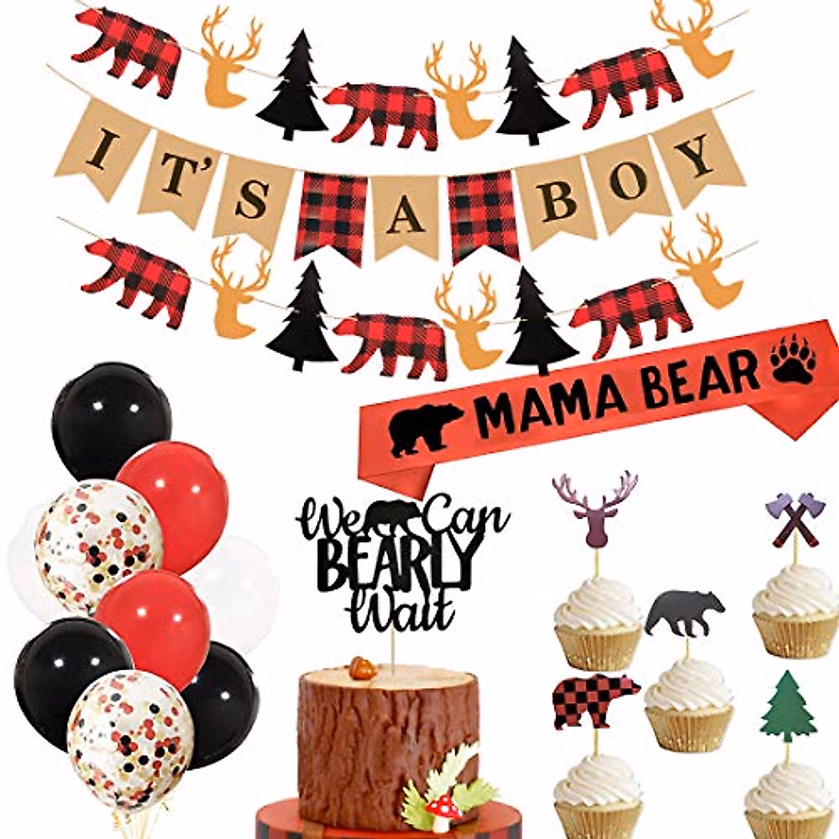 Lumberjack Baby Shower Set Banner Buffalo Plaid Rustic Hunter Theme It's A Boy Camping Bear Baby Shower Cake Topper Decorations Supplies Lumberjack Gender Reveal Banner