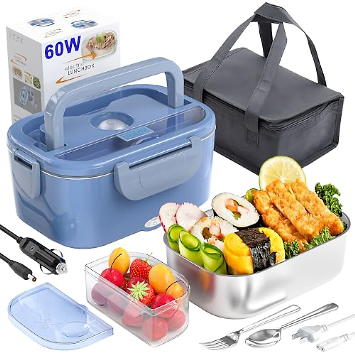 Adocfan Electric Lunch Box, 60W 3 in 1 Food Heater Car Use 12V/24V and Home Use 110V, Portable Lunch Heater, Removable Stainless Steel Container, Fork, Spoon and Carry Bag (Blue)