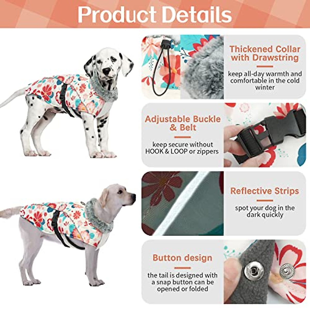 Kuoser Dog Coat, Warm Dog Jacket with Fur Collar, Turtleneck Dog Winter Coat Thicken Fleece Lining Pet Clothes, Reflective Dog Vest for Small Medium Large Dogs