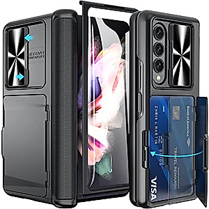 Vihibii for Samsung Galaxy Z Fold 3 5G Case with Hinge Protection, Built-in Card Holder & Kickstand & Slide Camera Cover & Screen Protector, Multifunction Case for Samsung Galaxy Z Fold 3 2021 (Black)