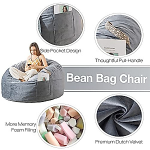 WhatsBedding [Removable Outer Cover] 3 ft Bean Bag Chairs for Adults with Filling,Stuffed Memory Foam Bean Bags with Filler,Soft Velvet Bean Bag Furniture for Teens,Machine Washble,3 Foot,Dark Gray