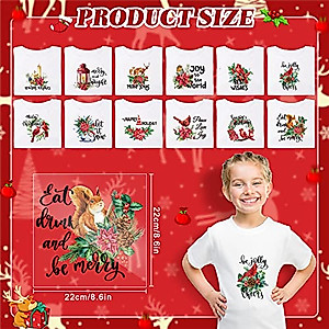 12 Sheets Christmas Iron on Transfers for T-Shirts Cardinal Iron on Decals Poinsettia Elk Candles Letter Tree Pattern Applique Stickers Wreath Heat Transfer Paper Stickers for DIY Xmas Clothing