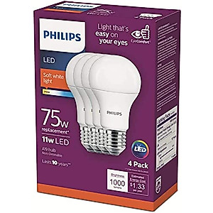 Philips A19 E26 (Medium) LED Bulb Soft White 75 Watt Equivalence 4 pk