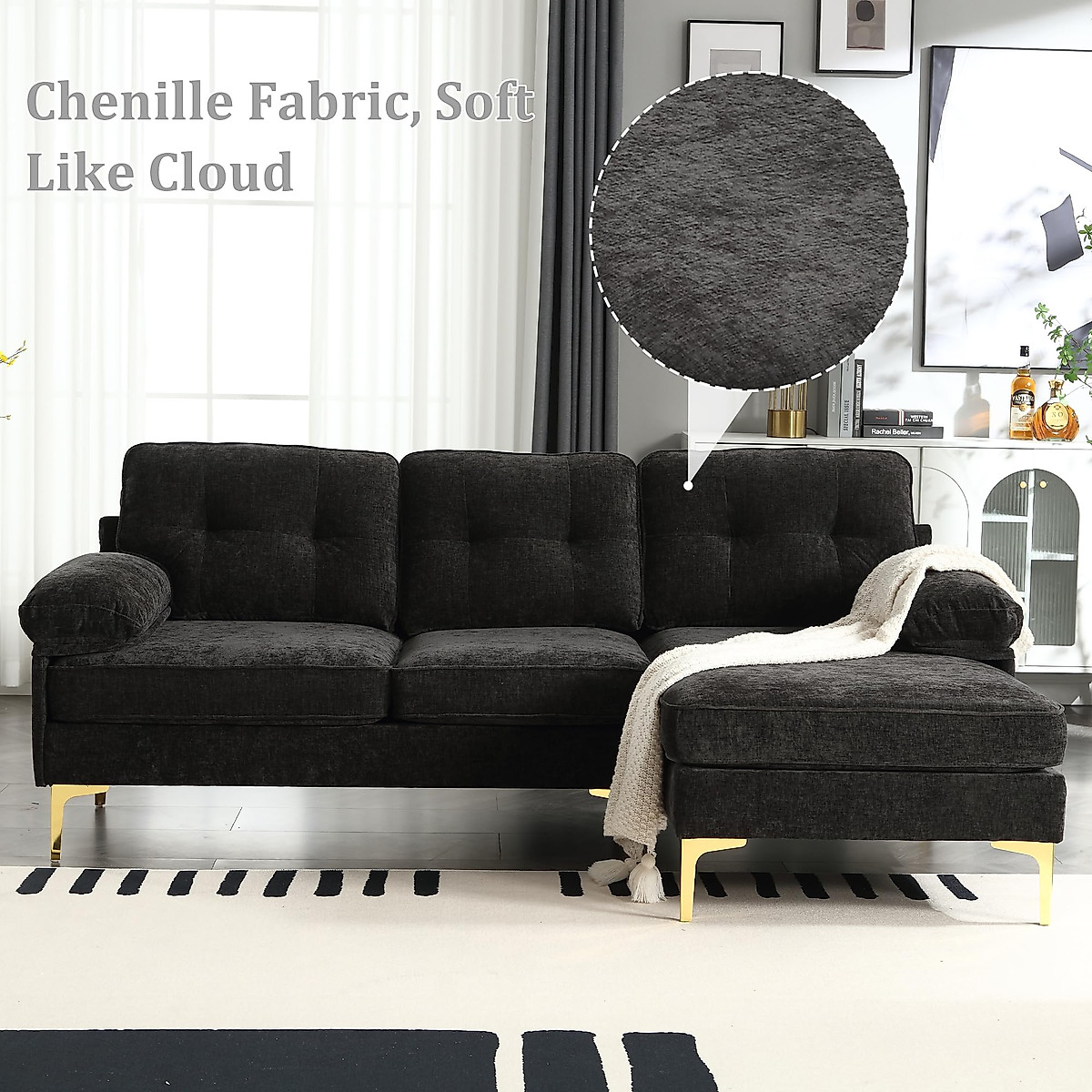 VEPXXP 83" Convertible L Shaped Sofa, Modern Sectional Sofa with Chaise & Comfy Cushion, Chenille 3 Seater Couch Small Couches for Living Room Apartment Small Space, Black