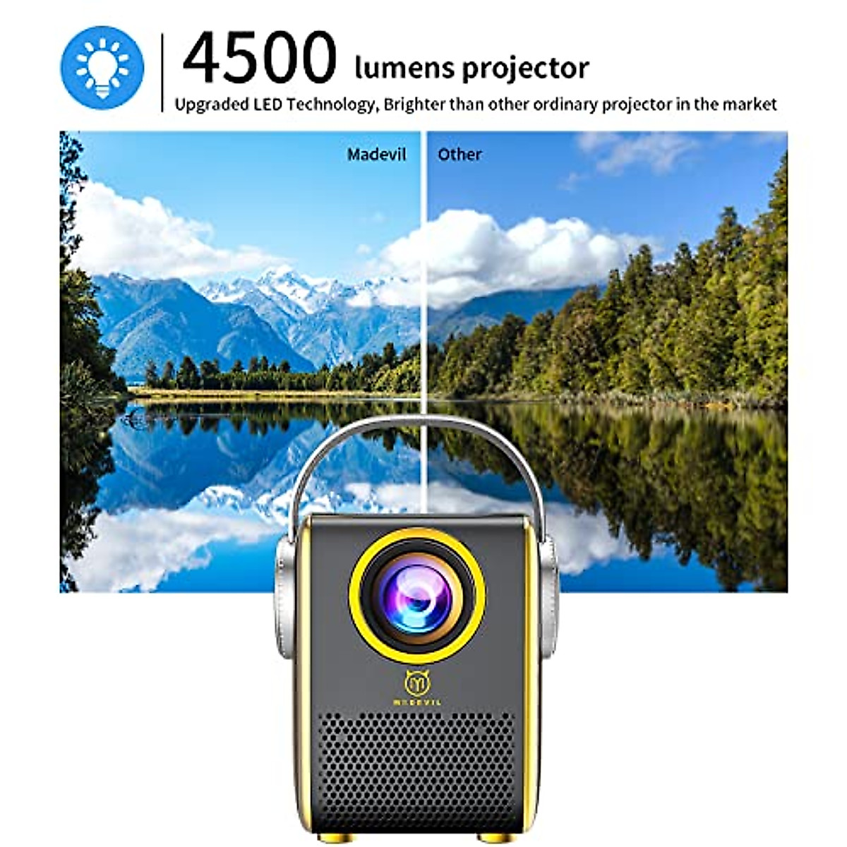Madevil Mini Projector LCD Handheld Portable Video Projector 1080P HD Projector with 4500 Lumens Movie Beamer Compatible with HDMI USB AV Interfaces and Remote Control for Home and Outdoor