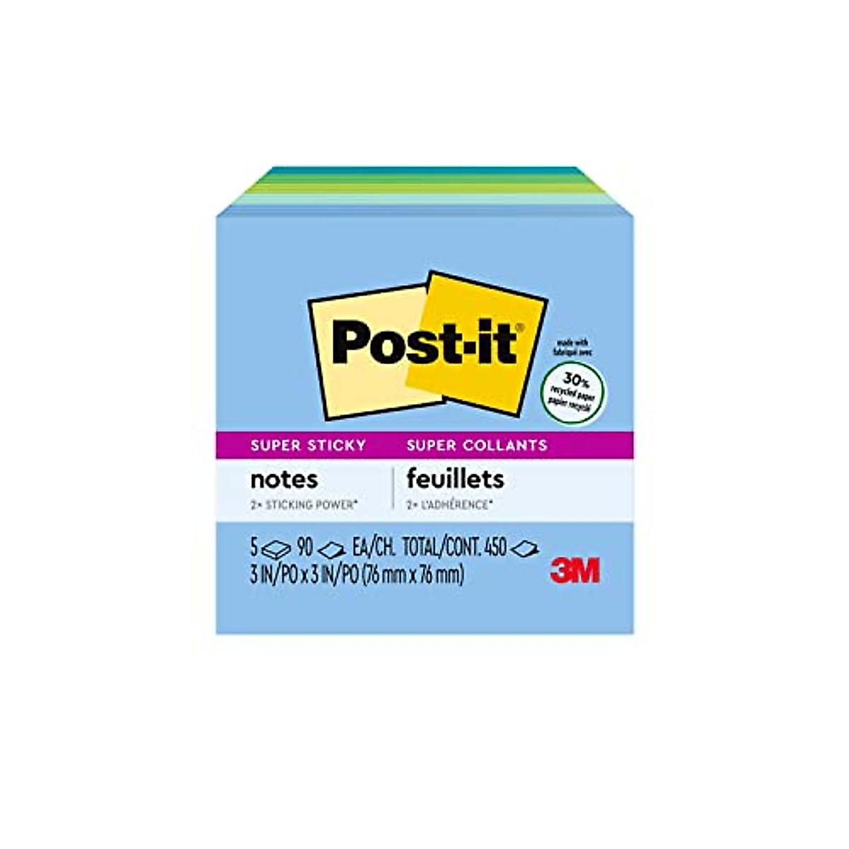 Post-it Super Sticky Recycled Notes, 3x3 in, 5 Pads, 2x the Sticking Power, Poptimistic, Bright Colors, 30% Recycled Paper (654-5SST)