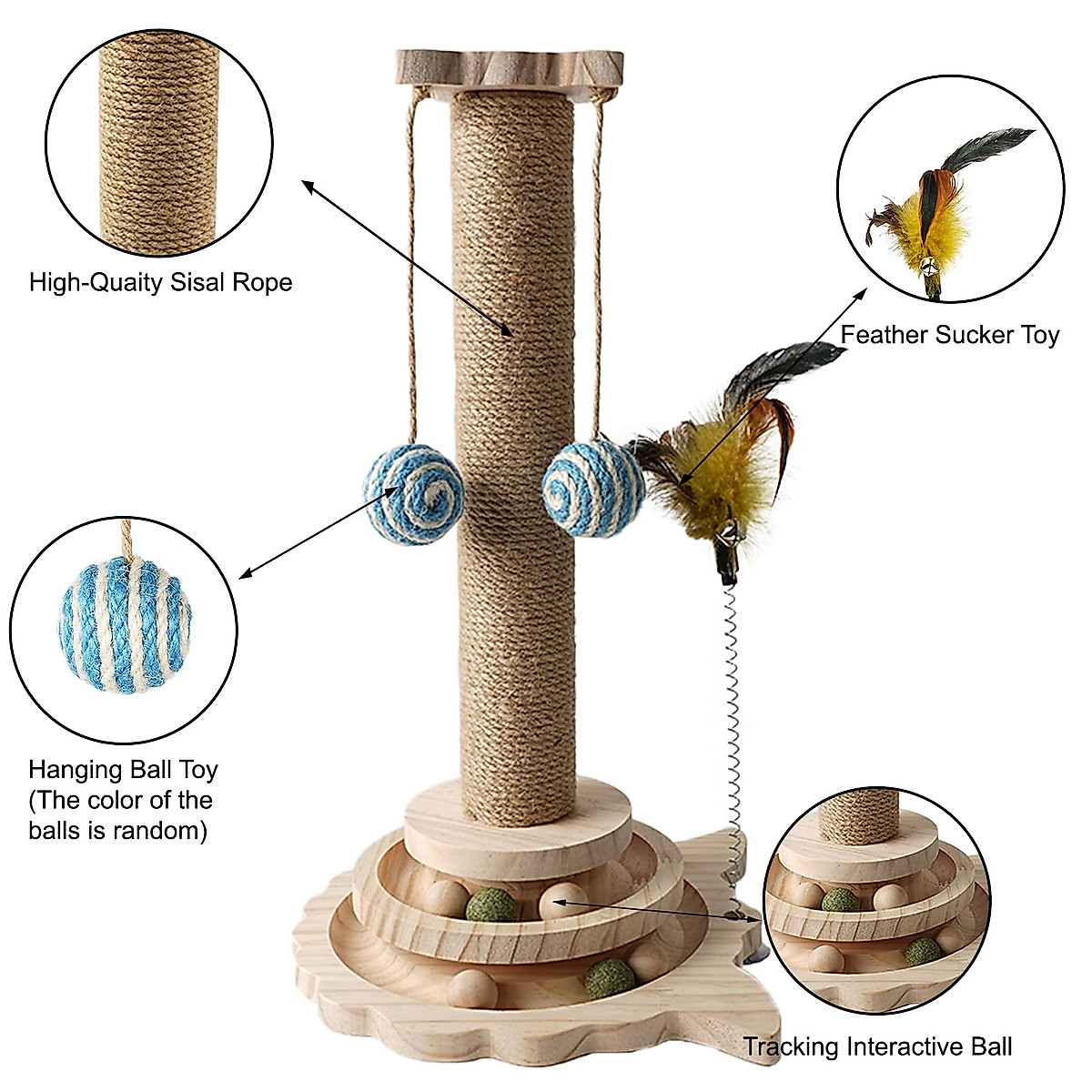 Cat Scratching Post, 4 in 1 Wooden Cat Scratcher Toy, 18" Tall Scratch Post with 2 Level Cat Track Balls, 2 Interactive Cat Feather Toys and 2 Sisal Hanging Balls for Indoor Kittens, Adult Cats