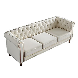 Goohome 84.65" Chesterfield Sofa, 3-Seater Velvet Deep Button Tufted Sofá Upholstered Love Seat Couches with Rolled Arm, Gold Strip Trim, for Bedroom Office Apartment Living Room Furniture, Beige
