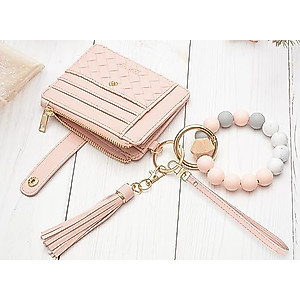 COOLANS Wristlet Bracelet Keychain Pocket Credit Card Holder Purse Tassel Keychain Bangle Key Ring for Women (Silicone Bead Bracelet+Card Purse (Pink))