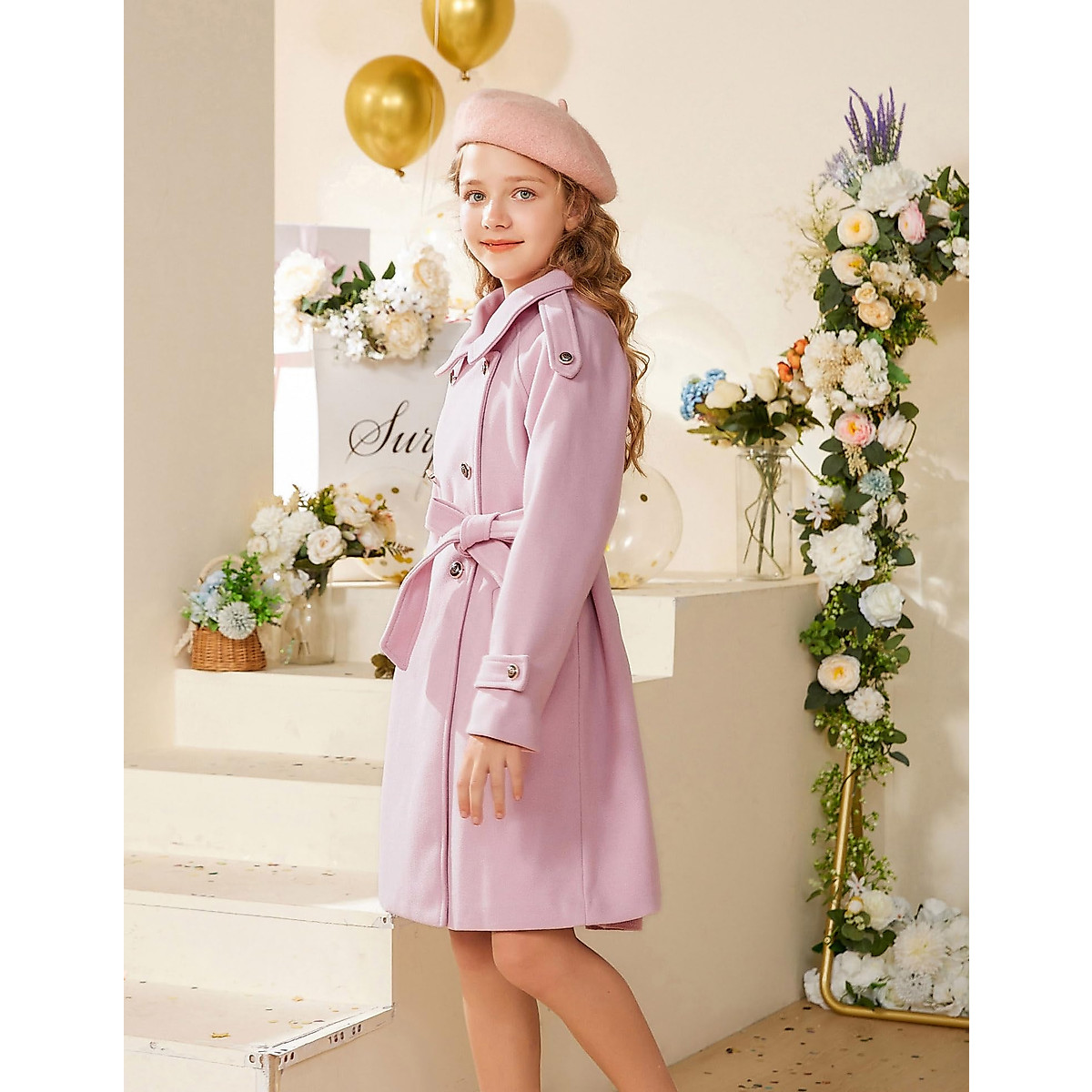 GRACE KARIN Kid Dress Coat Lapel Long Winter Pink Coats for Girls Size 8-10 Pockets Belt