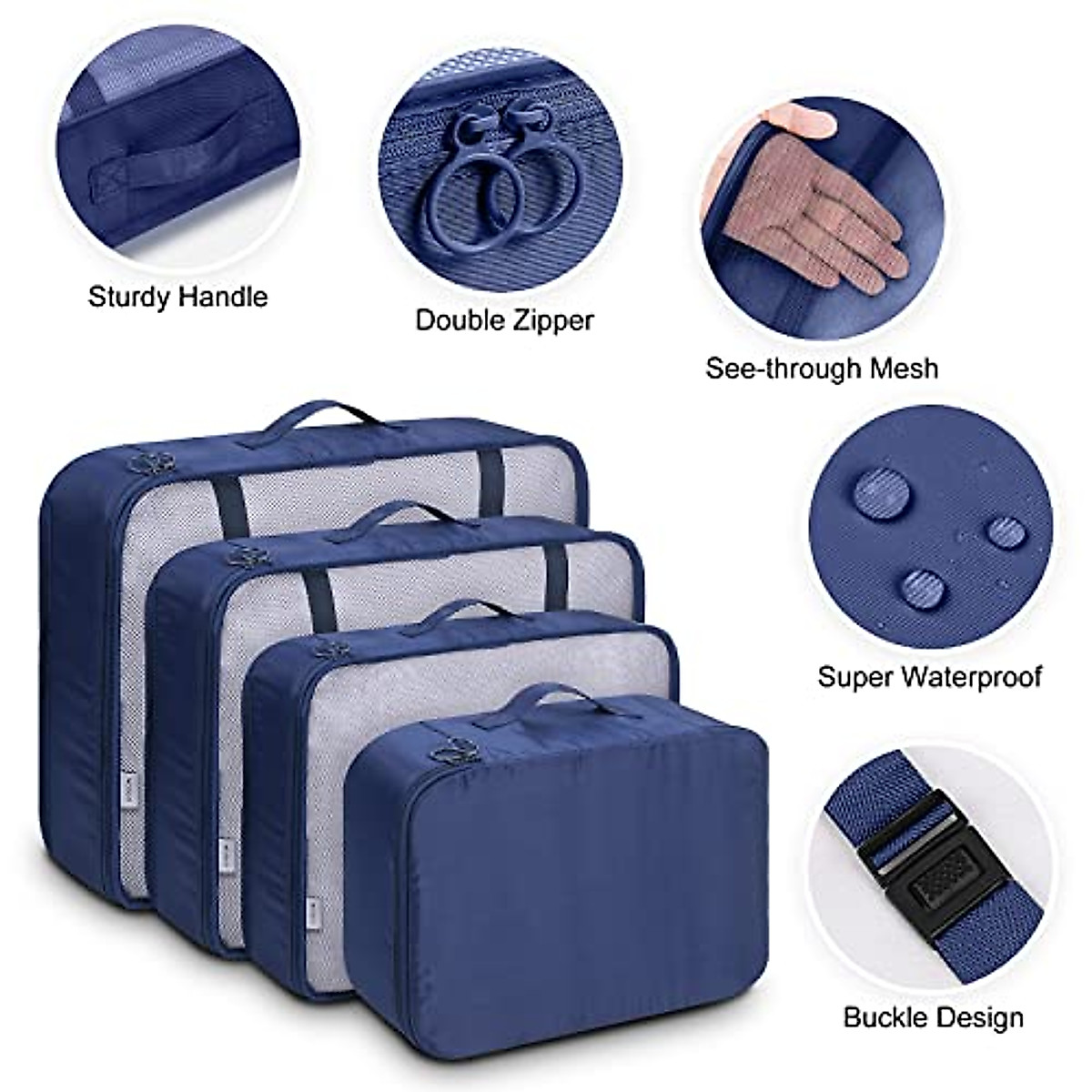 Luggage Organizer, Mossio Set of 9 Compact Foldable Travel Bag for Carry On Suitcase Navy Blue