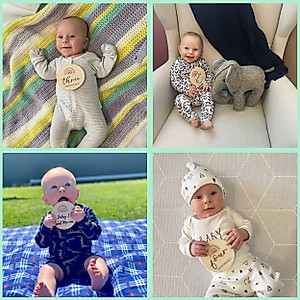 Baby Months Signs - Set of 14 Wooden Double Sided Baby Milestone Cards Including a Special Hello World Disc - Take a Picture and Celebrate Each Baby Age Milestone with These Milestone Wooden Circles