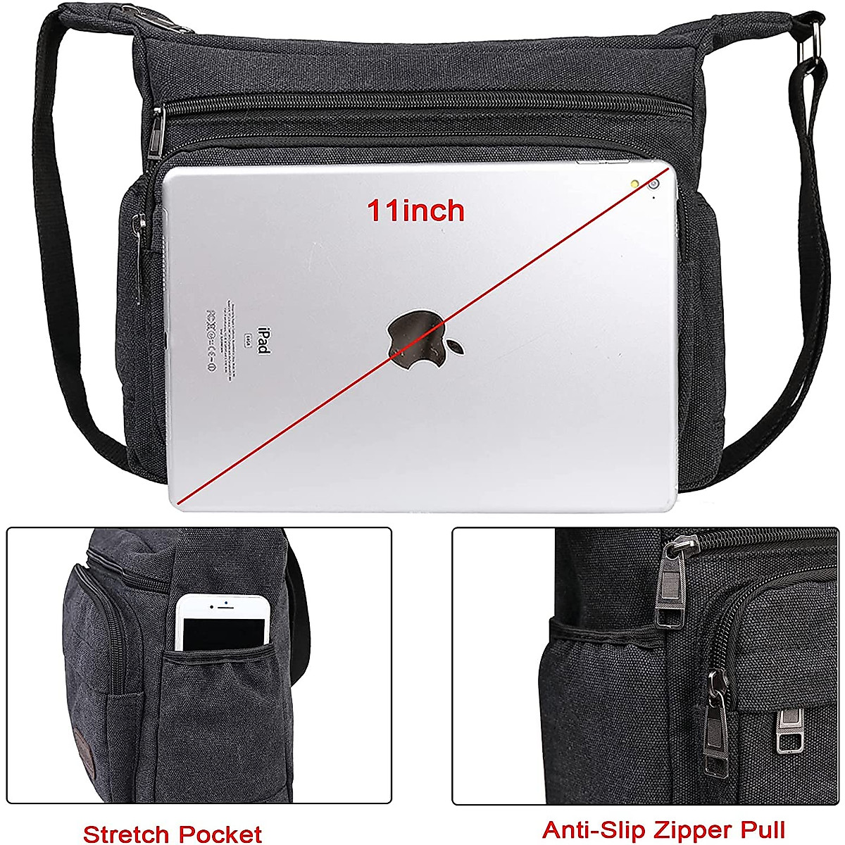 JAKAGO Canvas Messenger Bag Multi Pockets Shoulder Bag Cross body Satchel Bag for Business Travel Outdoor Daily Use (Black)