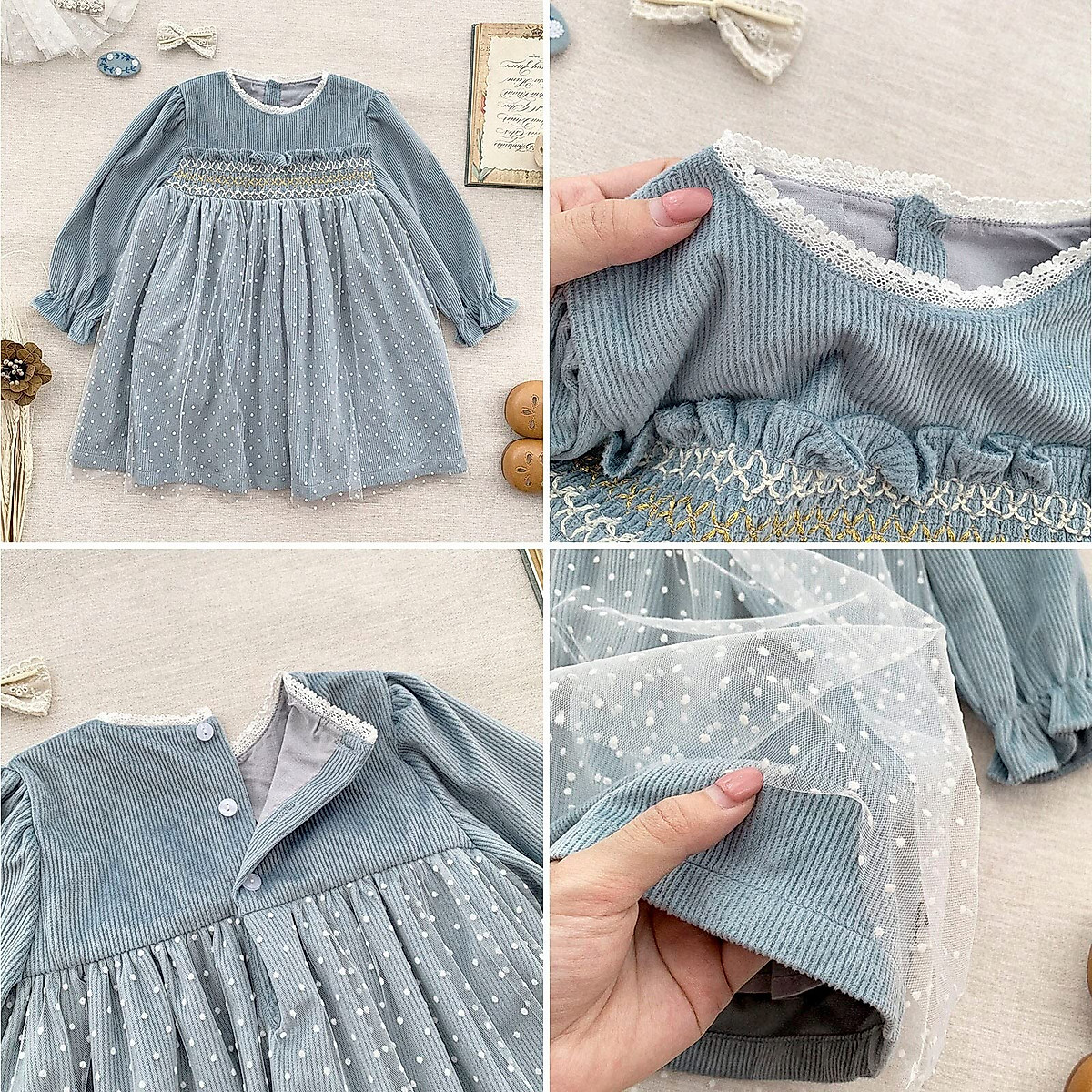 Curipeer Baby Girls Long Sleeve Lace Dress Smock Toddler Velvet Tulle Dress for Autumn and Spring Blue 12 Months
