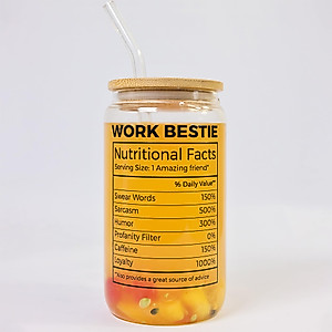 Work Bestie Nutritional Facts Glass Can with Lids And Straw- Work Bestie Definition Friendship, Funny Gift for Friend, Colleagues, Thank You Gift For Coworkers, Birthday Christmas Gifts, Iced Cup 16oz