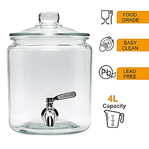1-Gallon Drink Dispenser,Glass Drinking Dispenser with Glass Lid,Mason Drink Dispenser for Parties, Bar, Wedding, Homemade Juice, Laundry Detergent Dispenser,Picnics, Barbecues and Daily,2 pcs