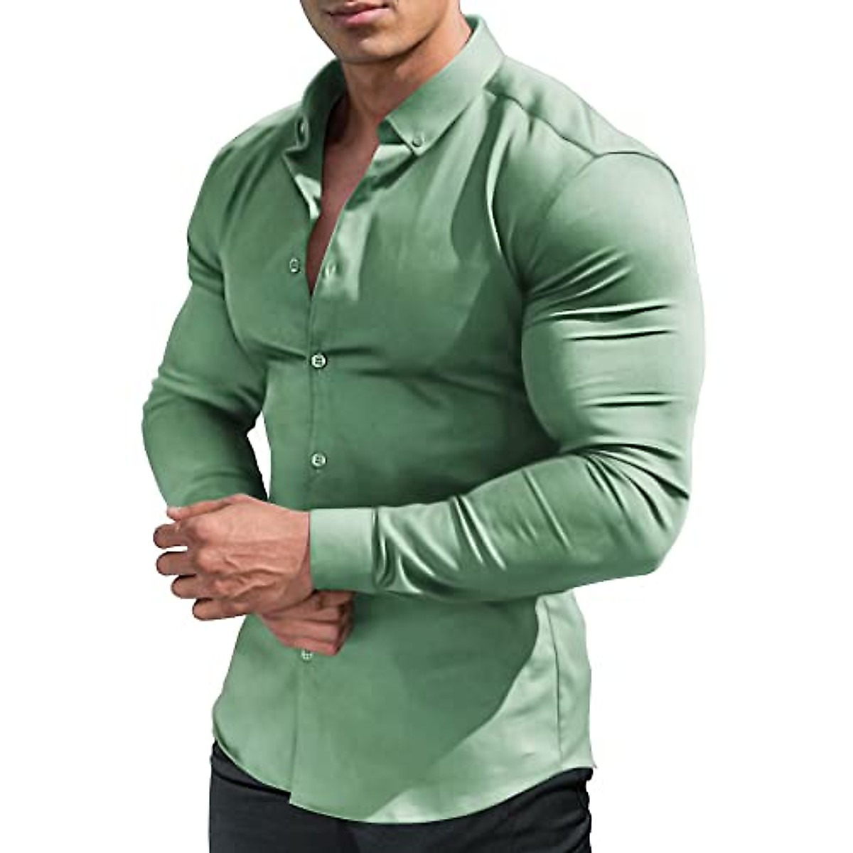 URRU Men's Muscle Dress Shirts Slim Fit Stretch Long Sleeve Casual Button Down Shirt Light Army Green L
