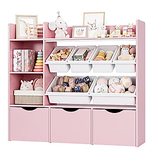 FACBOTALL Toy Storage Organizer with 3 Movable Drawers, Bookshelf and Bookcase with 6 Plastic Bins & 2 Storage Cubbies, Toy Chest with Hidden Wheels, Toy Storage Box for Playroom, School, Pink