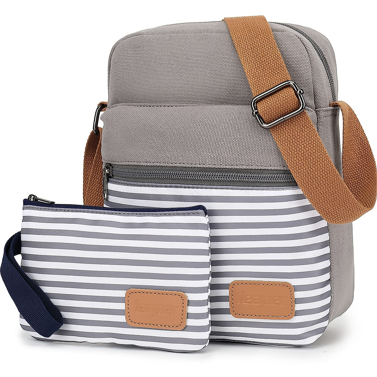 Leaper Girls Crossbody Purses 2 PCS Stripe Messenger Bag Canvas Crossbody Bag and Purse Set for Women Stripe Gray