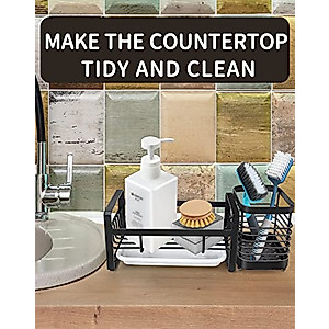 YVMVDV Kitchen Sink Caddy Sponge Holder for Sink, 304 Stainless Steel Sink Caddy Organizer with Drain Pan,Kitchen Organizer Soap Brush Dispenser with Brush Dishrag Holder Rack (Black)