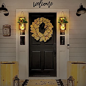Adeeing Mason Jar Wall Decor, Rustic Wall Sconces with LED Lights Remote Control, Farmhouse Hanging Decorative Sconce Jars for Living Room, Hallway, Bedroom (Sunflowers Set of 2)