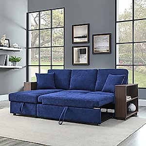 SZUBEE L-Shaped 88" Reversible Pulled Bed Sectional Living Room Furniture with 2 Seats Sofa and Storage Chaise Two Pillows, Navy Blue