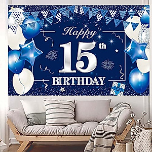 P.G Collin Happy 15th Birthday Banner Backdrop Sign Background, 15 Birthday Party Decorations Supplies for Boys Girls 6 x 4ft Blue Silver, Blue-15 (HB15-FH)
