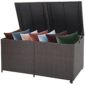 Tangkula 175 Gallon Outdoor Storage Box, Wicker Patio Deck Box with 2 Universal Wheels and Waterproof Zippered Liner, Outdoor Storage Container for Cushions, and Garden Tools
