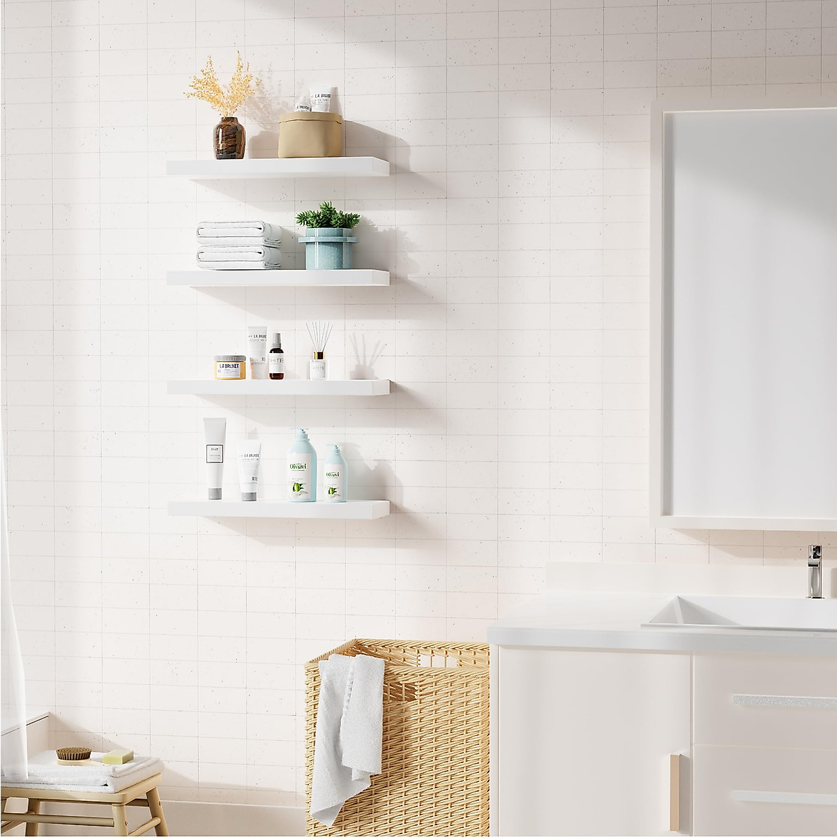 Bellsal Floating Shelves for Wall, White Engineered Wood Wall Shelf Set of 4, 16" Wall Mounted Floating Shelf for Kitchen, Living Room, Bedroom, Bathroom Storage, Book Shelf for Wall Home Decor