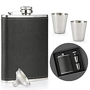 Hip Flask Gift Set for Men, 8 Oz Leak Proof Flasks for Liquor with 2 Cups & Funnel in Gift Box, Food Grade Stainless Steel Black Leather Pocket Flask for Whiskey, Wedding Party Groomsman Gift