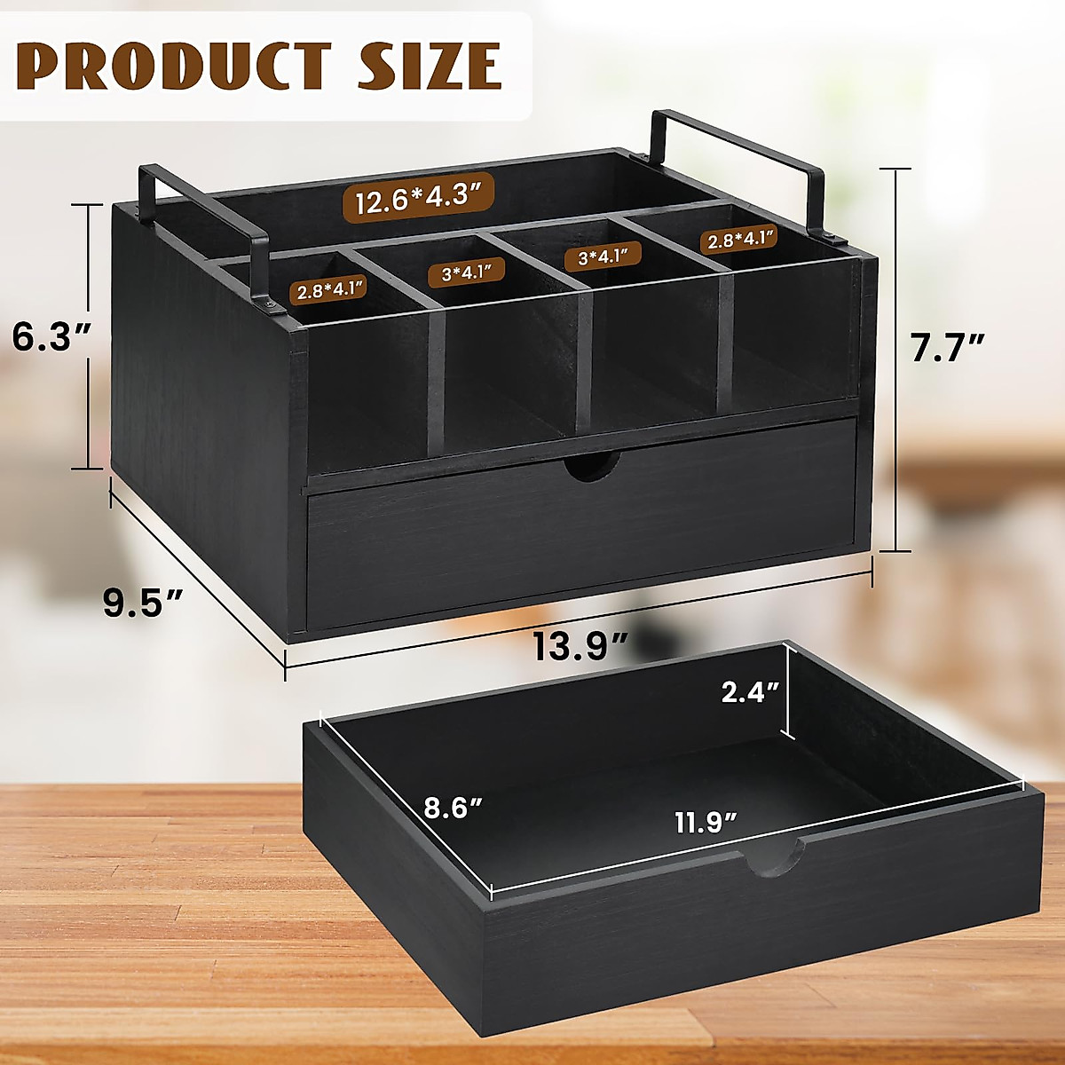 Coffee Bar Organizer for Countertop, Wood Coffee Station Organizer with Drawer, K Cup Organizer Coffee Pods Holder with Handle, Rustic Coffee Bar Accessories Condiment Organizer for Coffee Bar Decor