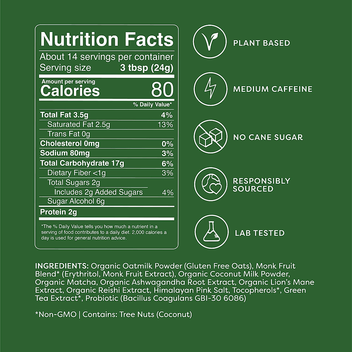 Clevr Matcha Green Tea Powder, Oat Milk Instant Latte Mix with Organic Matcha, Adaptogens, Mushrooms, Probiotics, Lion's Mane, Reishi and Ashwagandha