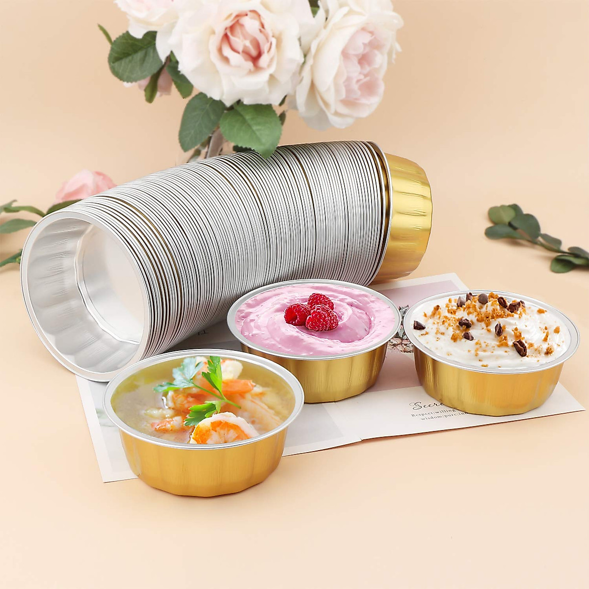 Beasea 8 oz 100 Pack Aluminum Ramekins, Disposable Ramekins Foil Cups Baking Utility 3.9" Ramekin Cup Muffin Cupcake Aluminum Baking Cup Mini Pudding Souffle Cups for Party Wedding Birthday - Gold