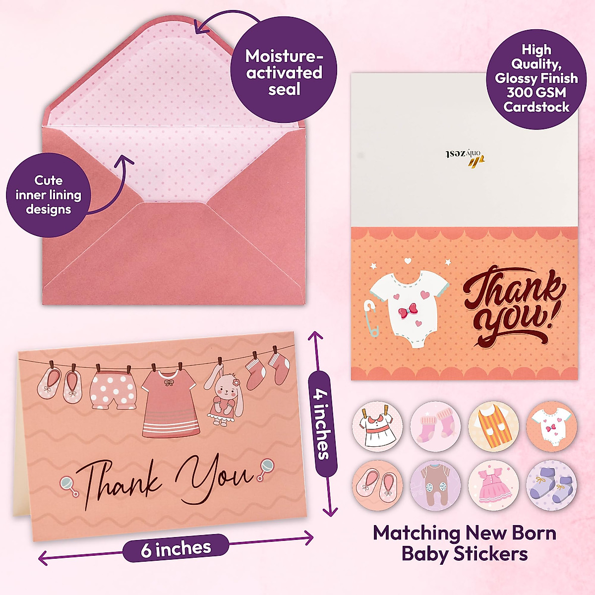 Only Zest Baby Shower Thank You Cards Bulk with Envelopes and Stickers- 50 Pack 4x6 Blank Thank You Notes, Cute Baby Girl Thank You Cards for Birthday, Baptism, Baby Announcement