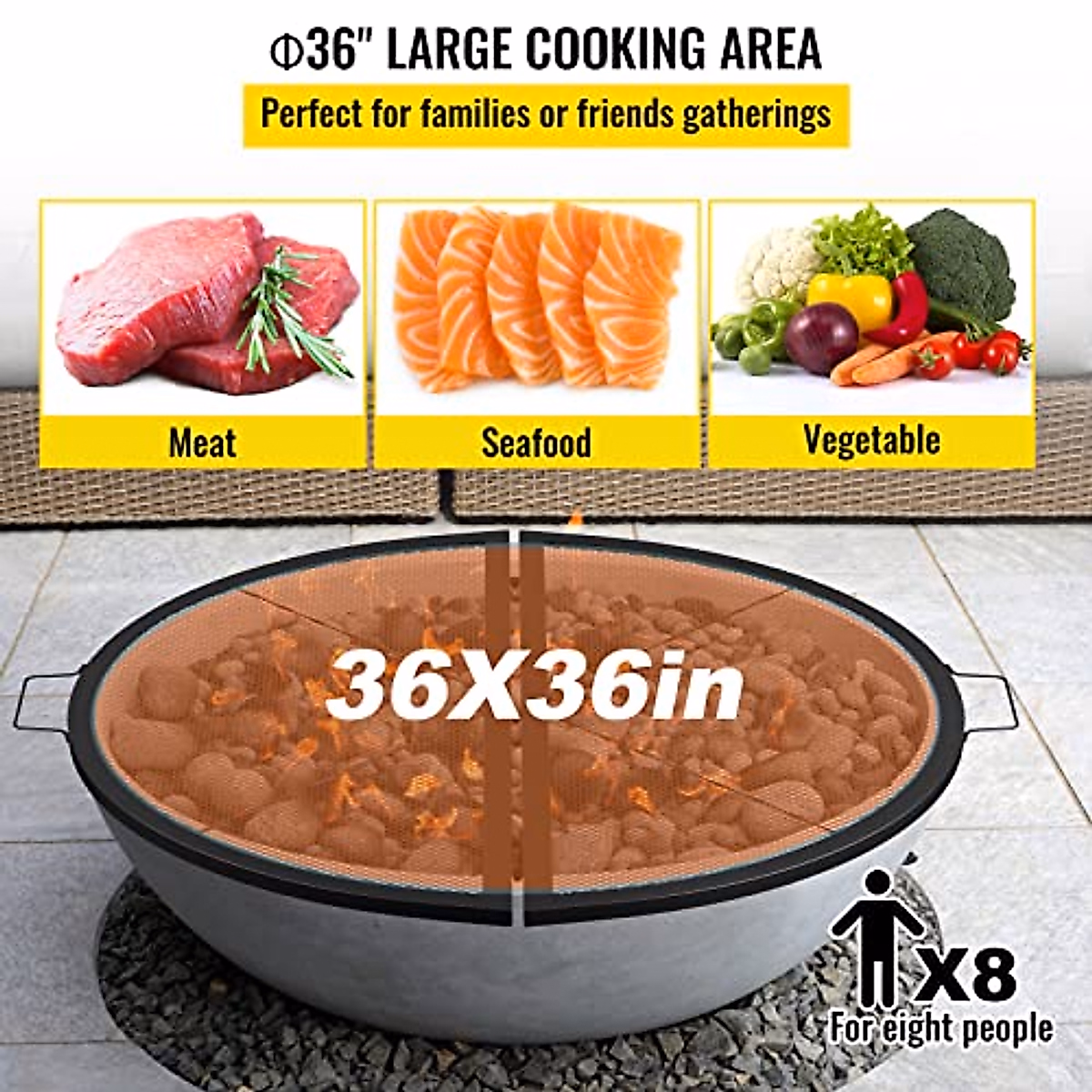 VEVOR Fire Pit Cooking Grill Grate 36 Inch, Foldable Round Cooking Rack, Heavy Duty X-Marks Campfire BBQ Grill with Portable Handle & Support Wire for Outdoor Picnic Party & Gathering, Black