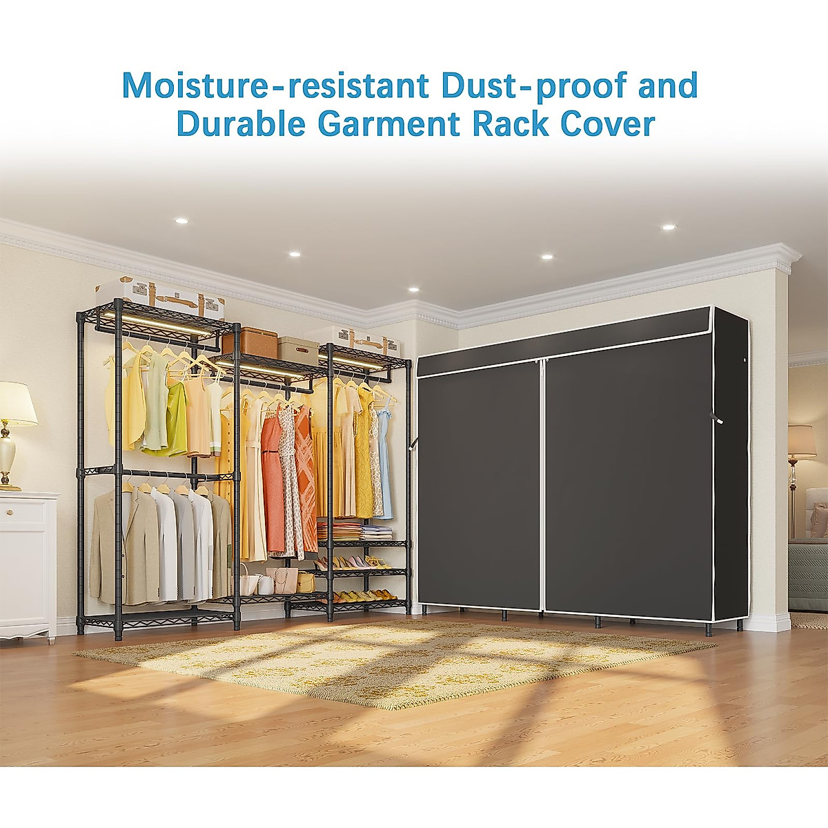 VIPEK V5L Garment Rack Heavy Duty Covered Clothes Rack with Dimmable LED Lights, 3000K Warm White, Portable Closet Wardrobe Freestanding Clothing Rack for Hanging Clothes, Black Rack with Black Cover