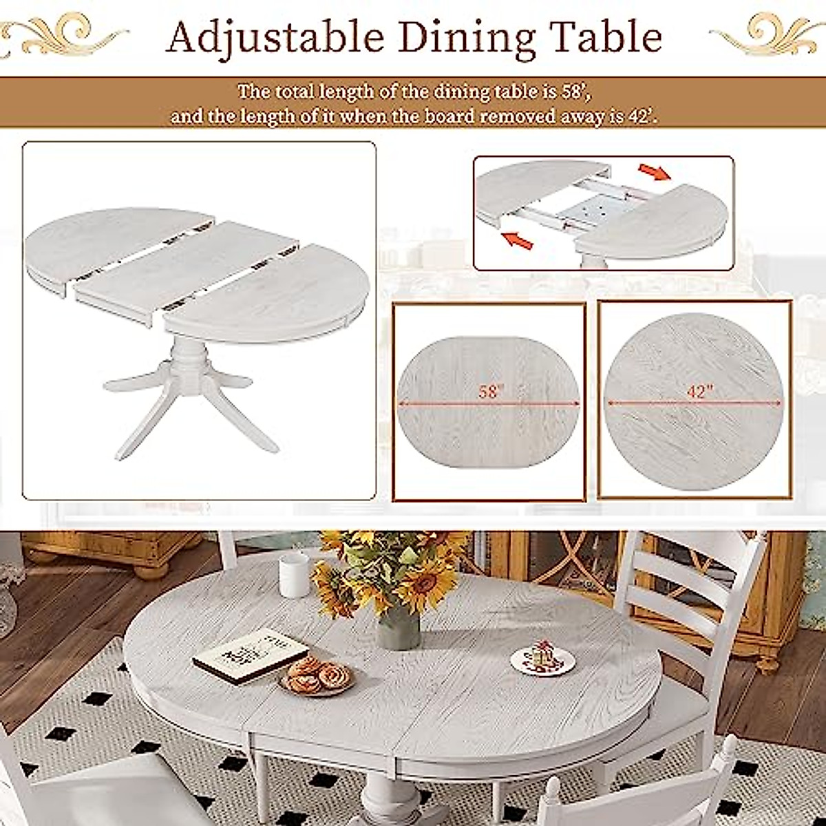 POCIYIHOME 5-Piece Retro Functional 42"-58" Wood Round Extendable 4 Upholstered Chairs, Set of 5, Family Dining Table Set for Restaurant, Kitchen (Antique White)