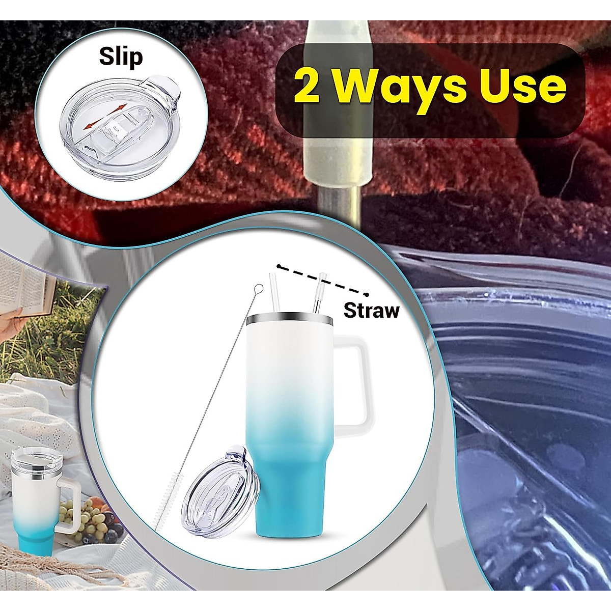 RAHATBEE 40 oz Tumbler with Handle and Straw Lid, 100% Leak-Proof Travel Coffee Mug, Reusable Stainless Steel Insulated Cup for Beverages, Keeps Cold for 34Hrs or Hot for 12Hrs (White-Blue)