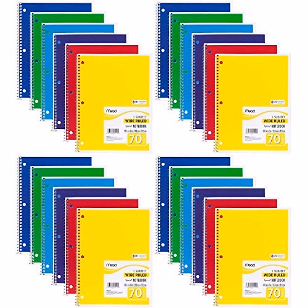Mead Spiral Notebook, Wide Ruled, 1 Subject, 70 Sheets, 8 x 10.5 Inches, Assorted Colors (05510) Pack of 24