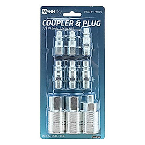 WYNNsky Industrial Air Coupler and Plug Kit, 3/8 Inch High Flow Body Size, 1/4 Inch NPT Threads Size, Steel Material, 9 Pieces Air Compressor Hose Accessories Fittings