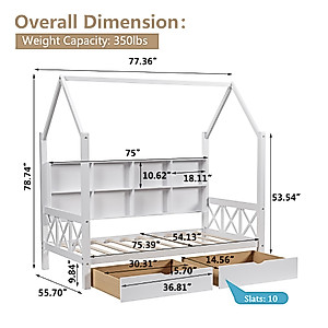 HUMEHA Full House Bed with Roof and 2 Storage Drawers for Kids, Wooden Full Size Bed Frame with Storage Shelves Guardrails and Wood Slats for Boys Girls,No Box Spring Required, White