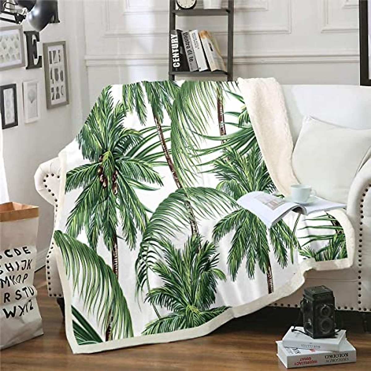 Feelyou Tropical Fleece Throw Blanket Hawaii Beach Theme Sherpa Blanket Ocean Surfing Palm Tree Printed Plush Blanket Plants Nature Fuzzy Blanket for Sofa Bed Couch 60" x 80"