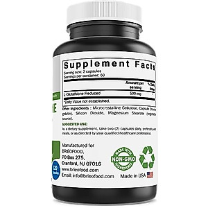 Brieofood Glutathione (Reduced) 500mg per Serving - 120 Capsules - Immune Support Supplement - Collagen & Antioxidant Support