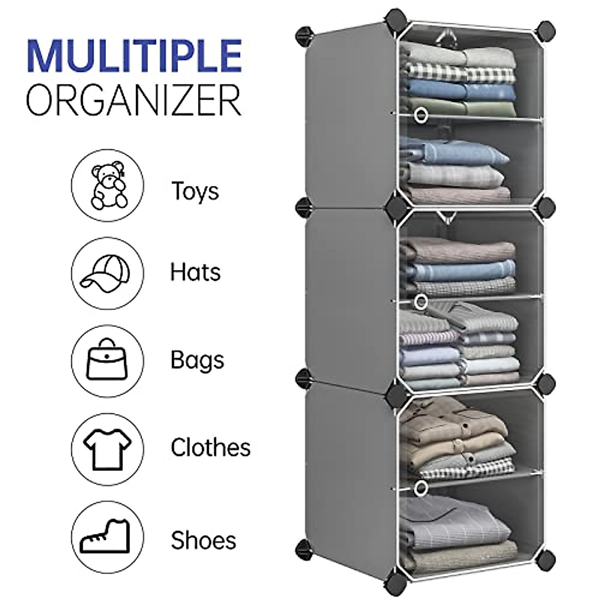 MAGINELS 3-Cube Storage Organizer, Stackable Cubby Shelf, Easy Assemble, Closet Organizers with Doors, Clothing Storage for Bedroom,Livingroom,Black