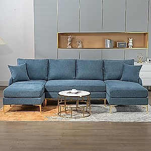 110" Modular Sectional Sofa with Ottoman, Modern U Shaped Convertible Upholstered Sofa Couch with 2 Pillows, 4-Seat Oversized Comfy Couch Set for Living Room, Bedroom, Office, Blue Couch