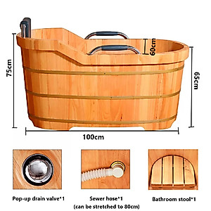 MegLob Freestanding Wooden Bathtub Lit, Solid Wood Deep Soaking Tub with Armrests, Japanese Style Soaker Alone Stand, Spa Hotel Private Bathtub, Beauty Salon Equipment,Cypress,100cm/39.37"