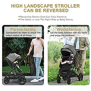 Newborn Infant Toddler Baby Stroller - Strollers with Backrest Adjustable Reversible, 2 in 1 High Landscape Convertible Bassinet Foldable Aluminum Alloy 3D Shock Absorption All Terrain Pram Dark Gray