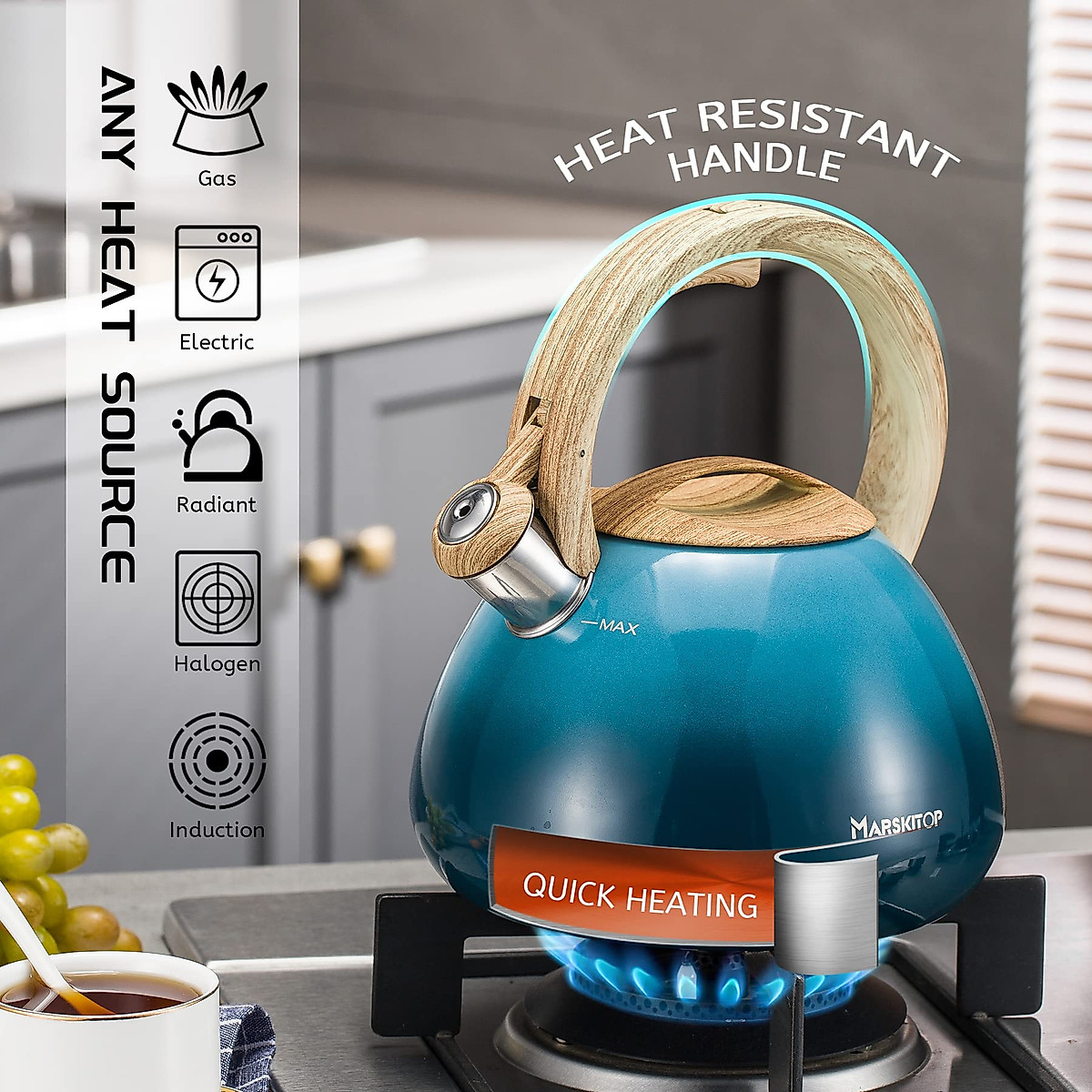 MARSKITOP Tea Kettle Stovetop Whistling Tea Pots for Stove Top Food Grade Stainless Steel Teapot for Induction Cooktop, 2.6 Quart, Blue