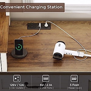 BTHFST Farmhouse Vanity with Glass Top & Charging Station, Vanity Desk with Touch Screen Mirror and Lights, Makeup Vanity with 5 Drawers & Shelves & Cabinet, Antique White