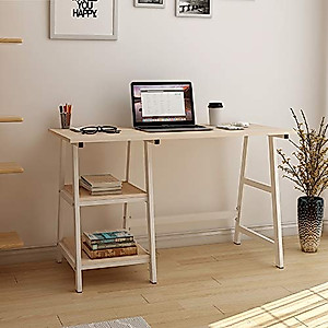 soges 47 Inch Computer Desk Trestle Desk Writing Desk Home Office Desk Hutch Workstation with Shelf Storage Desk, White Oak CS-Tplus-120MO
